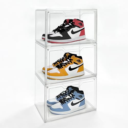 JingPieCle Acrylic Display Shoe Box 3Pack, Ultra Clear Plastic Handbag Storage Organizer for Closet, 360° Fully Transparent Professional Grade Shoe Display Case for Sneakers, Hats, Boots