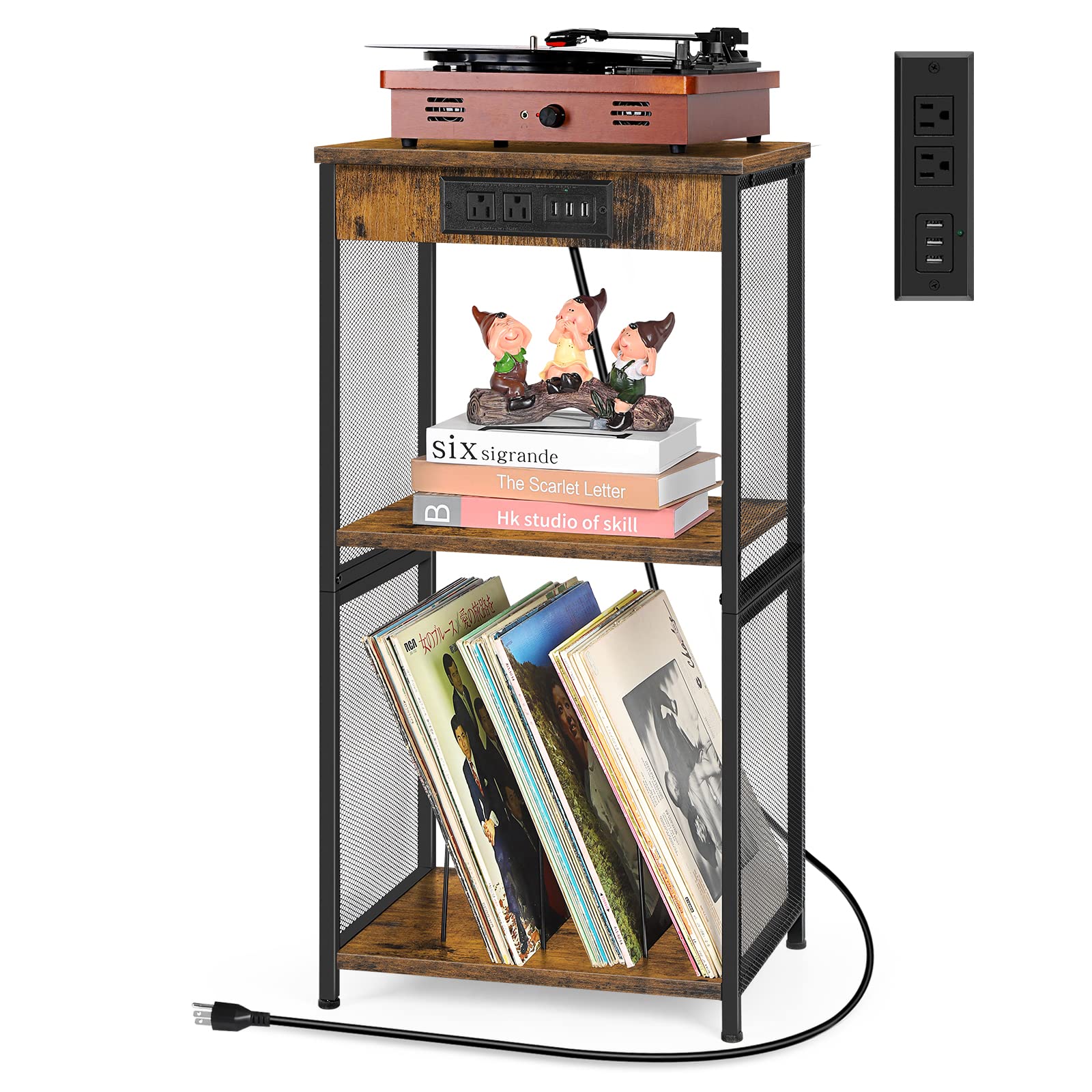 ETELI Record Player Stand with Album Storage Vinyl Record Storage Table with Power Outlet 3 Tier Turntable Stand Industrial Side Table for Living Room Bedroom Office, Brown