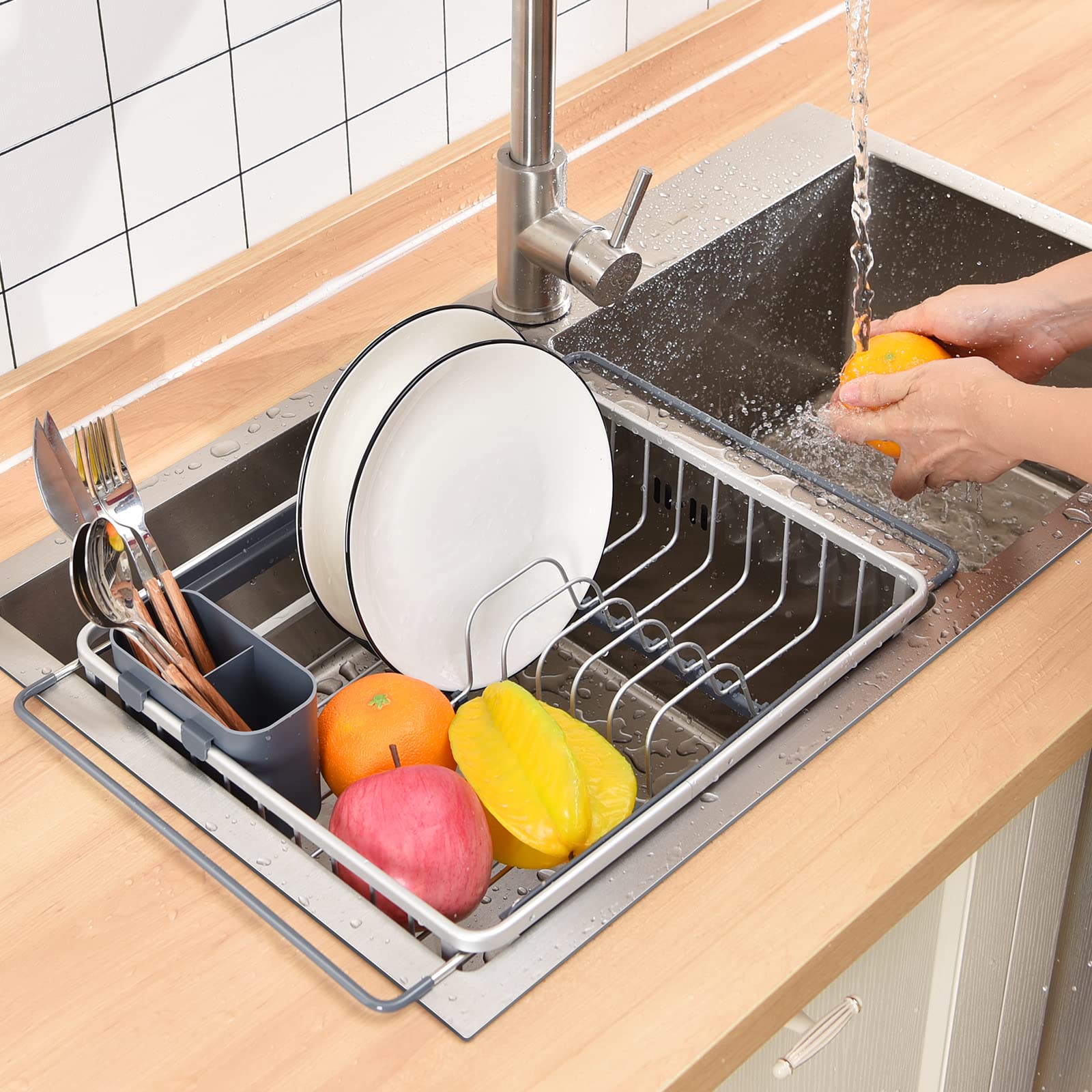 TOOLF Expandable Dish Rack, Aluminum Over The Sink Rack Adjustable Dish Rack in Sink Or On Counter Dish Drainer with Utensil Holder Rustproof for Kitchen