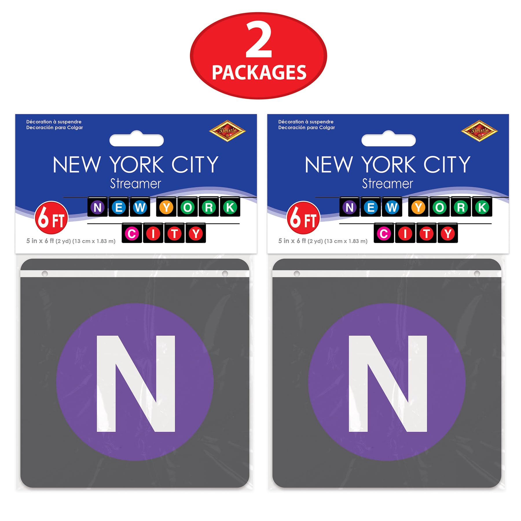 Beistle 53650 Hanging Banners 2 Piece New York City Party Decorations, 5" x 6', Black/Purple/Blue/Yellow/Green/Pink/Red