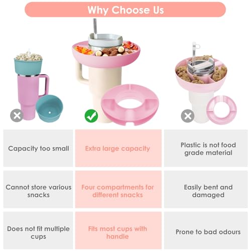 Stanley snack tray, Snack Container for Stanley Tumbler 40 oz, 4 Compartment Reusable Snack Platters for Stanley Quencher Adventure (Pink)