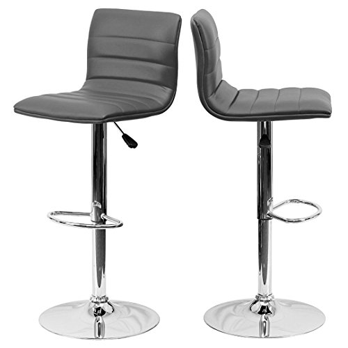 KLS14 Modern Barstools Horizontal Line Design Hydraulic Adjustable Height 360-Degree Swivel Seat Sturdy Steel Frame Chrome Base Dining Chair Bar Pub Stool Home Office Furniture - Set of 2 Grey #1980