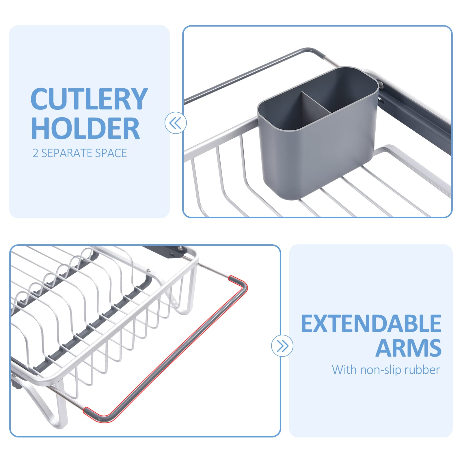 TOOLF Expandable Dish Rack, Aluminum Over The Sink Rack Adjustable Dish Rack in Sink Or On Counter Dish Drainer with Utensil Holder Rustproof for Kitchen