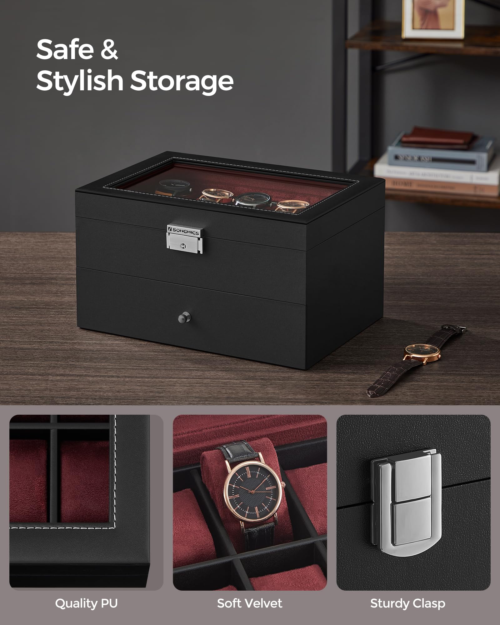 SONGMICS 20-Slot Watch Box, Watch Case with Glass Lid, 2 Layers, Lockable Watch Display Case, Black Synthetic Leather, Wine Red Lining UJWB020R01