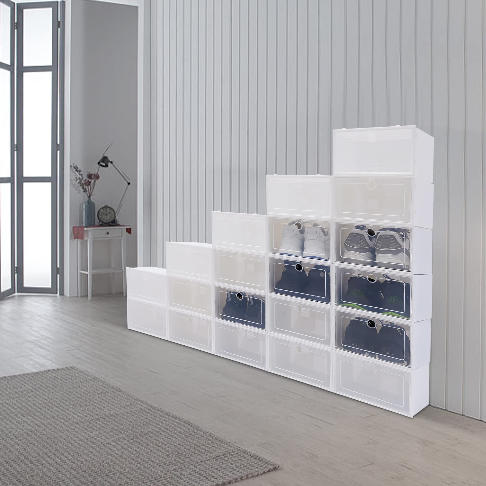 TTONSUE Shoe Box Set Foldable Storage Plastic Clear Home, Clear Plastic Shoe Storage Boxes for, Shoe Organizer Storage Bins with Lids, Clothes Under Bed Shoe Storage Containers 20pcs