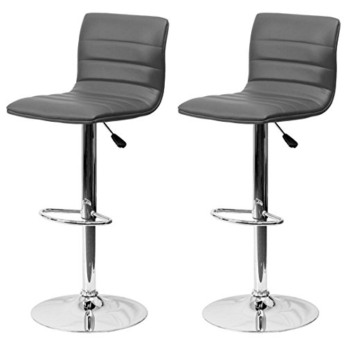 KLS14 Modern Barstools Horizontal Line Design Hydraulic Adjustable Height 360-Degree Swivel Seat Sturdy Steel Frame Chrome Base Dining Chair Bar Pub Stool Home Office Furniture - Set of 2 Grey #1980