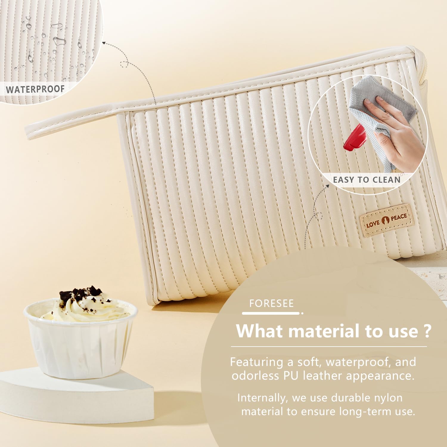 GMELOV Small Compact Large Capacity Makeup Bag Cute Aesthetic Cosmetic Bags for Travel Essentials Organizer Waterproof Soft Leather Makeup Bag Zipper Pouch Portable Toiletry Bag for Women