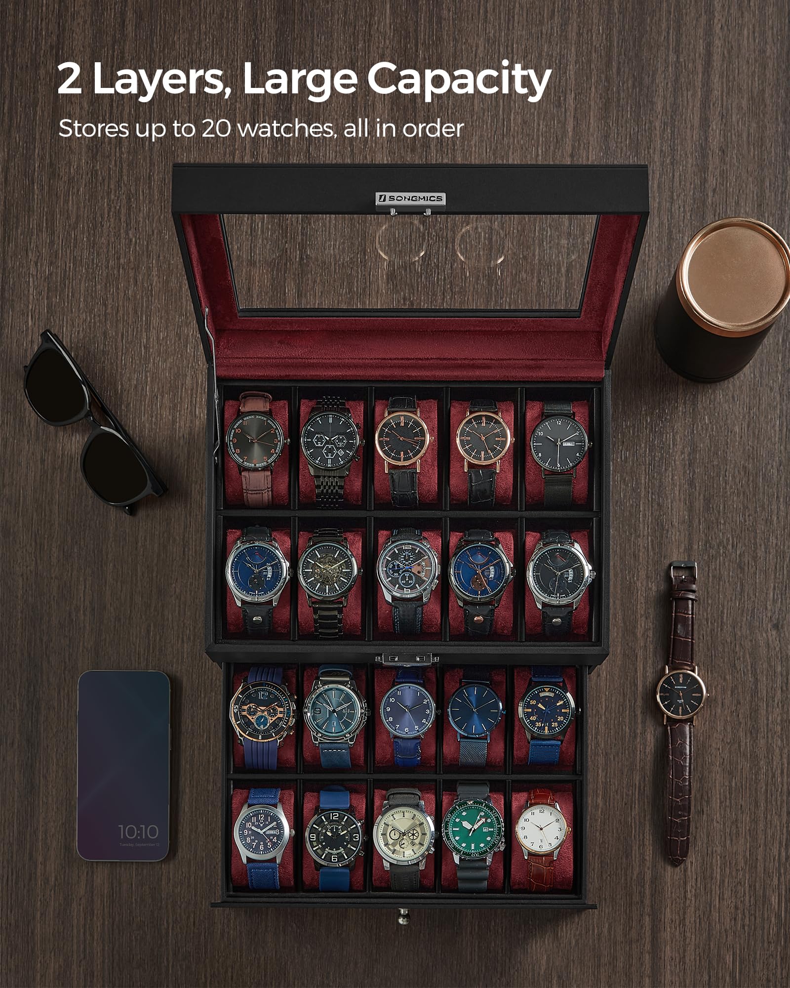 SONGMICS 20-Slot Watch Box, Watch Case with Glass Lid, 2 Layers, Lockable Watch Display Case, Black Synthetic Leather, Wine Red Lining UJWB020R01