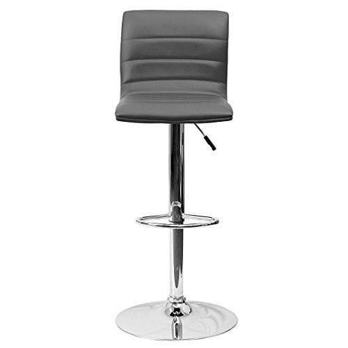 KLS14 Modern Barstools Horizontal Line Design Hydraulic Adjustable Height 360-Degree Swivel Seat Sturdy Steel Frame Chrome Base Dining Chair Bar Pub Stool Home Office Furniture - Set of 2 Grey #1980