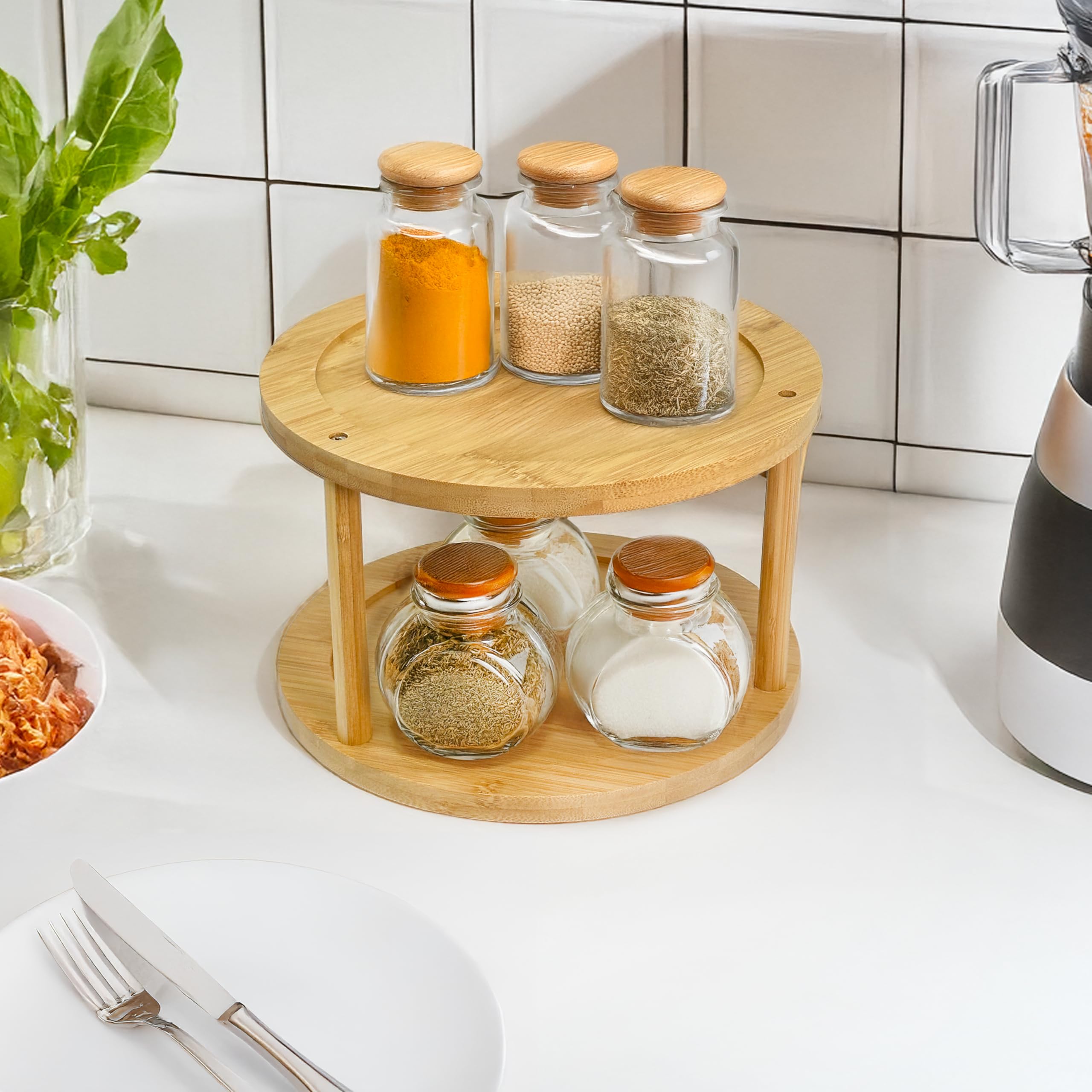 Bam & Boo - 2 Tiers Natural Bamboo Lazy Susan - Kitchen Countertop & Cabinet Rotating Turntable, Spice Organizing Shelf