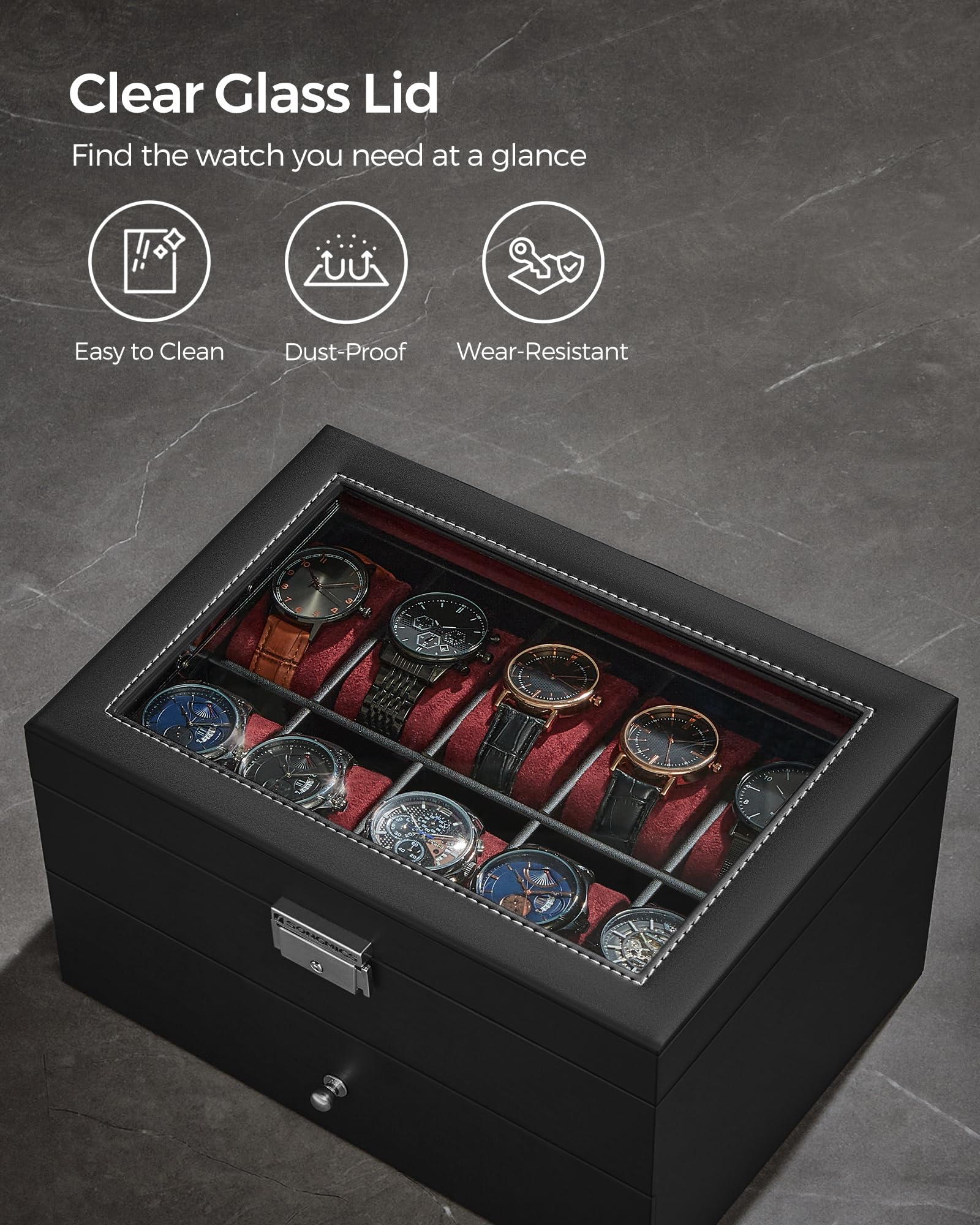 SONGMICS 20-Slot Watch Box, Watch Case with Glass Lid, 2 Layers, Lockable Watch Display Case, Black Synthetic Leather, Wine Red Lining UJWB020R01