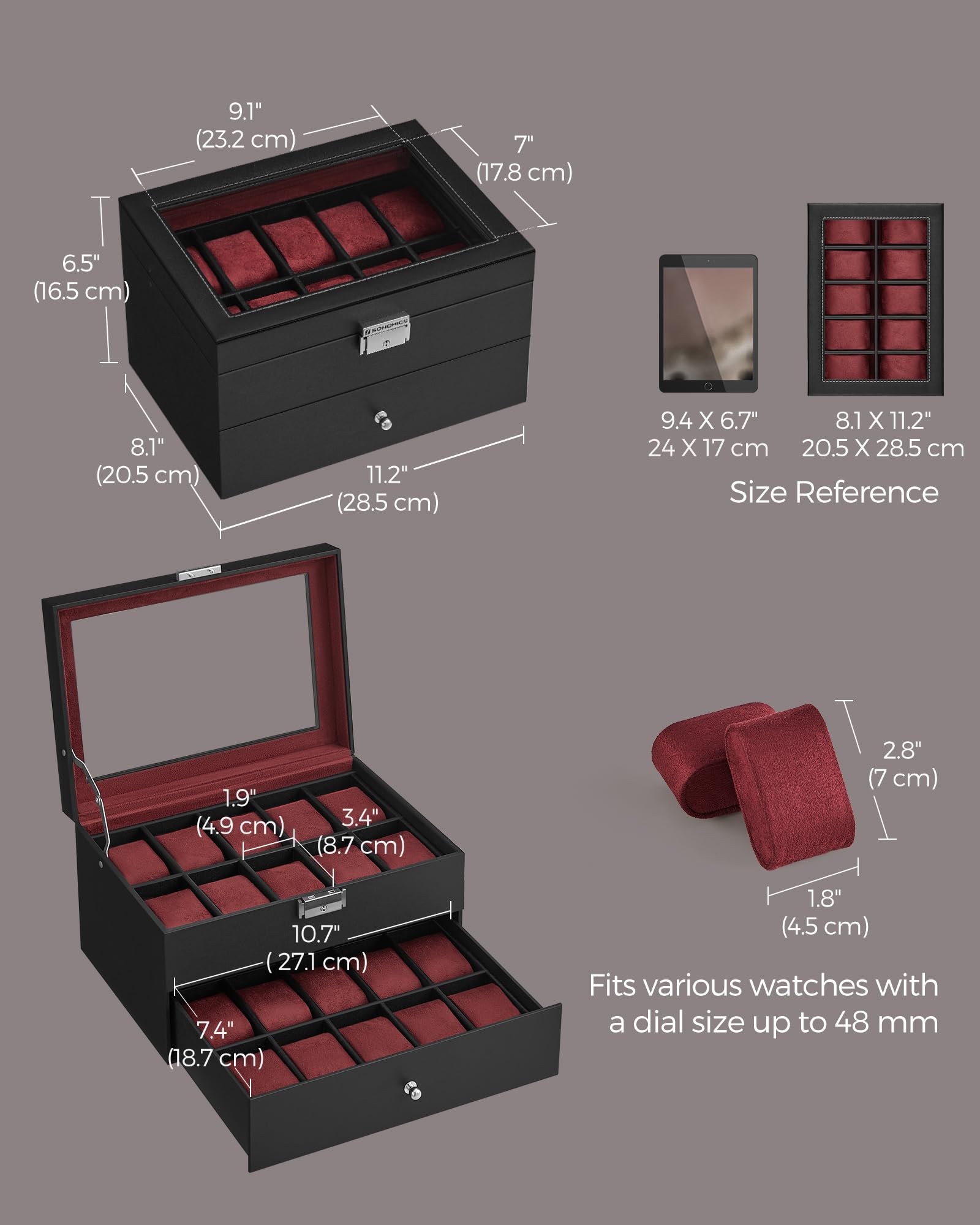 SONGMICS 20-Slot Watch Box, Watch Case with Glass Lid, 2 Layers, Lockable Watch Display Case, Black Synthetic Leather, Wine Red Lining UJWB020R01