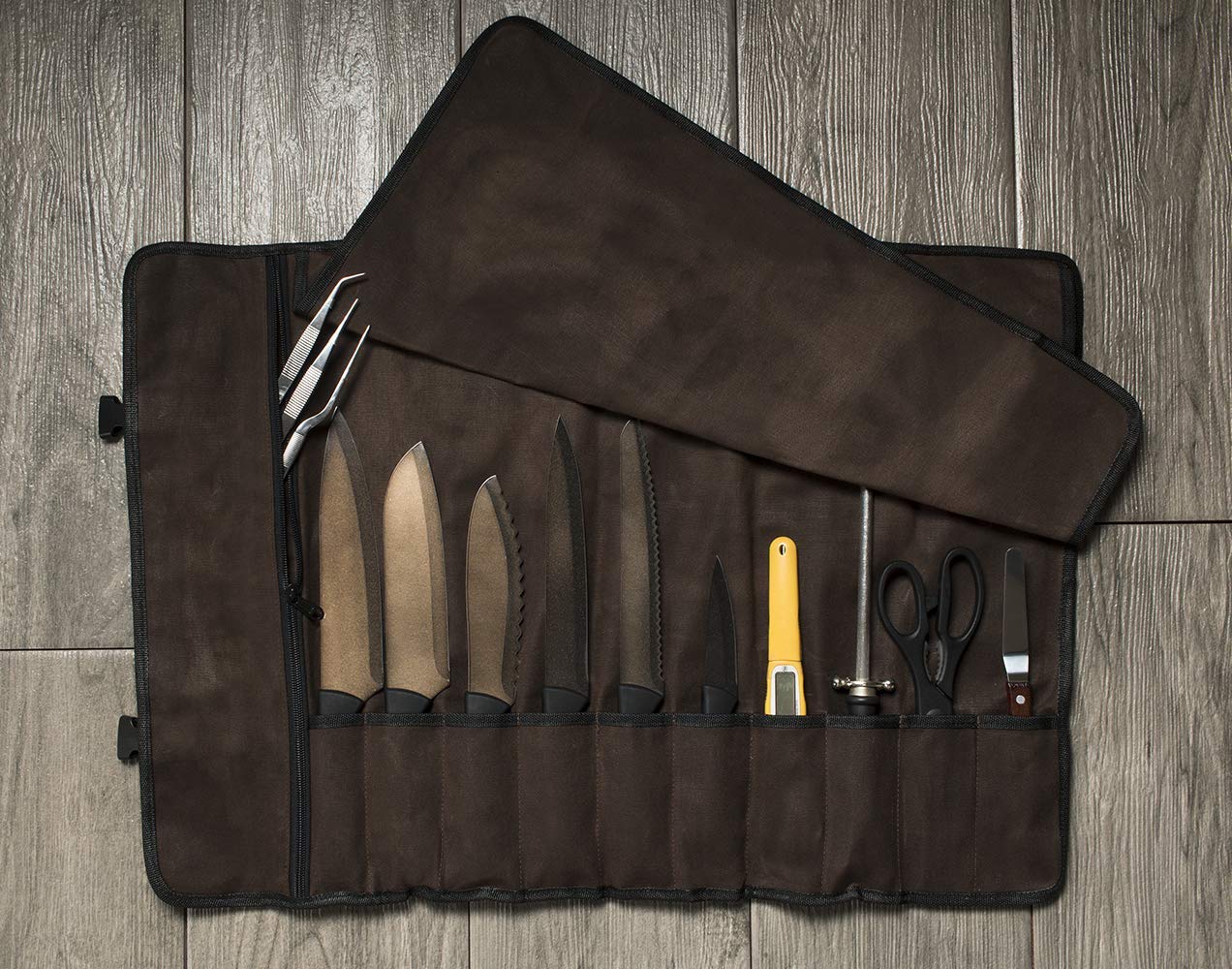 Asaya Canvas Chef Knife Roll Bag - 10 Knife Slots and a Large Zipper Pocket - Durable 10oz Canvas Knife Case with an Adjustable Shoulder Strap - Knives not Included