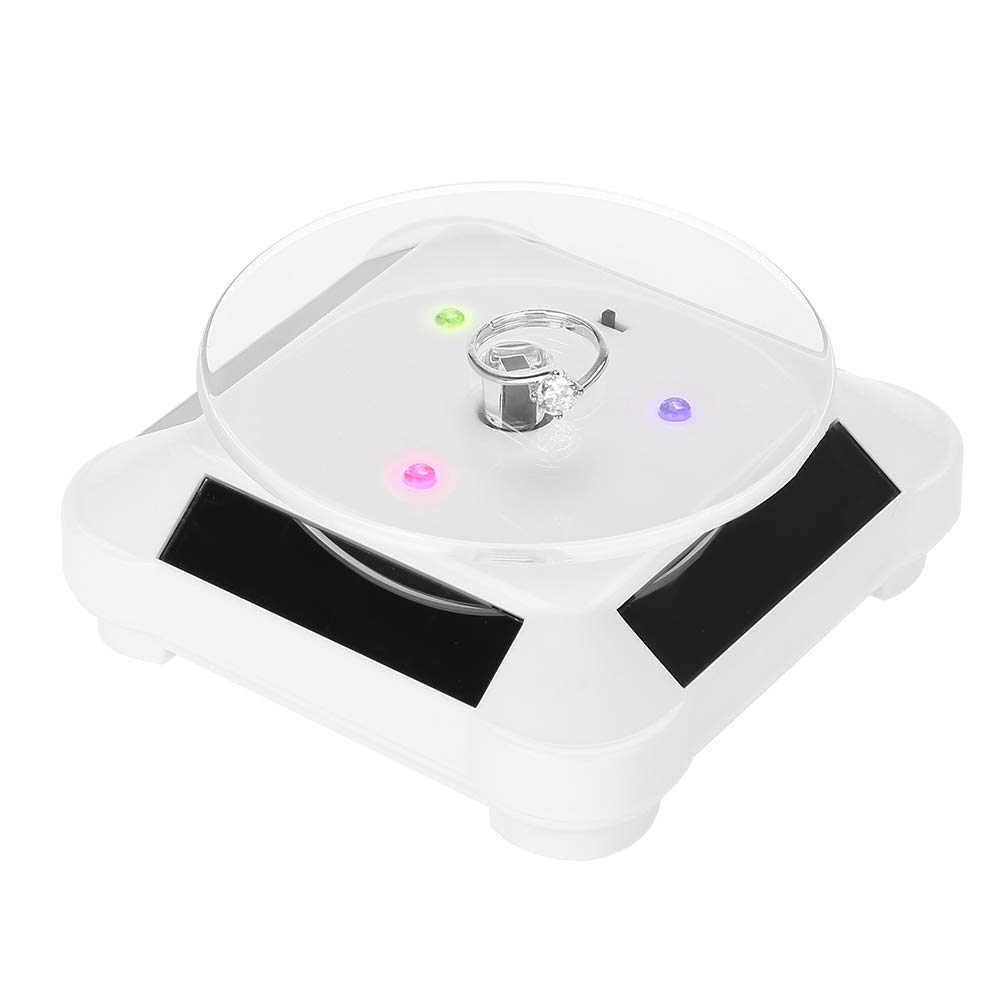 Solar Turntable For Jewelry Exhibition,Solar Showcase 360 Degrees Display Stand, Rotating Turntable with LED Light for Watch Phone Jewelry Display Stand(White)