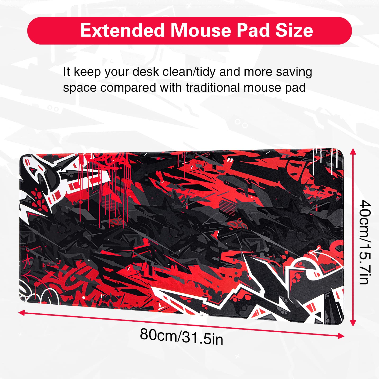 Canjoy Extended Mouse Pad (31.5x15.7inch), XXL Large Gaming Mouse Pad with Stitched Edges Mouse Mat Desk Pad with Superior Micro-Weave Cloth, Non-Slip Base, Waterproof Keyboard Pad (Black Red)