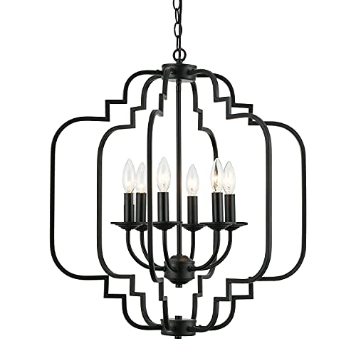 JULL 6 Lights Black Chandelier, Farmhouse Rustic Wrought Iron Modern Chandeliers Lighting Fixture,Dining Table Pendant Light for Foyer,Kitchen Island,Dining Living Room.Adjustable Height,W23β*H26β