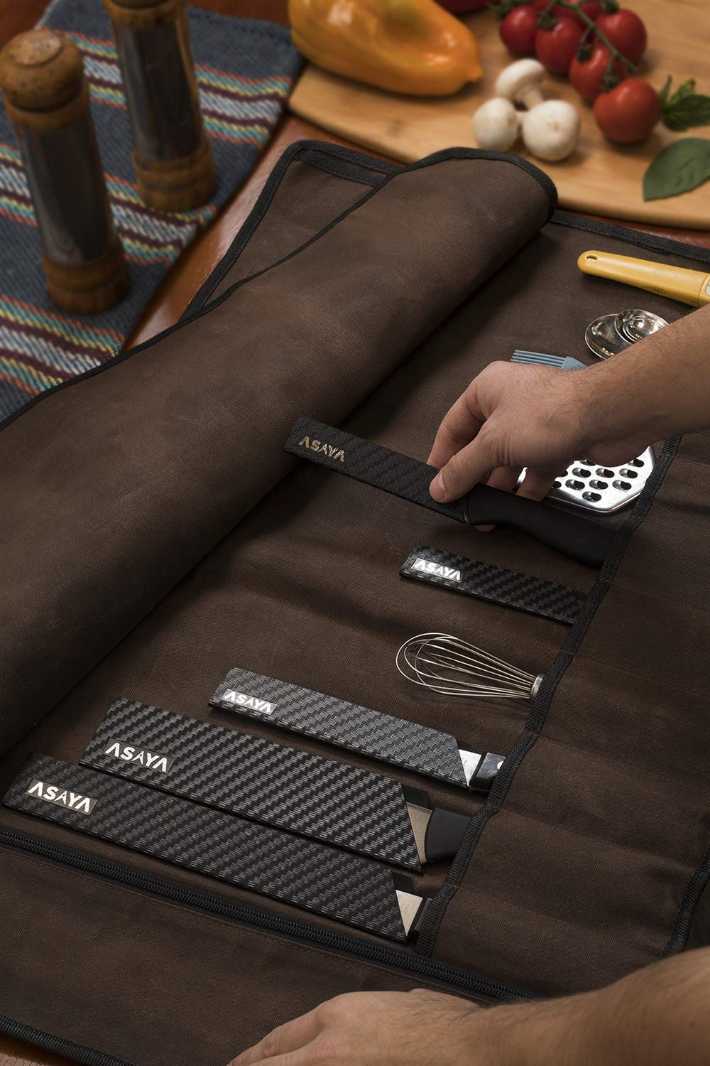 Asaya Canvas Chef Knife Roll Bag - 10 Knife Slots and a Large Zipper Pocket - Durable 10oz Canvas Knife Case with an Adjustable Shoulder Strap - Knives not Included