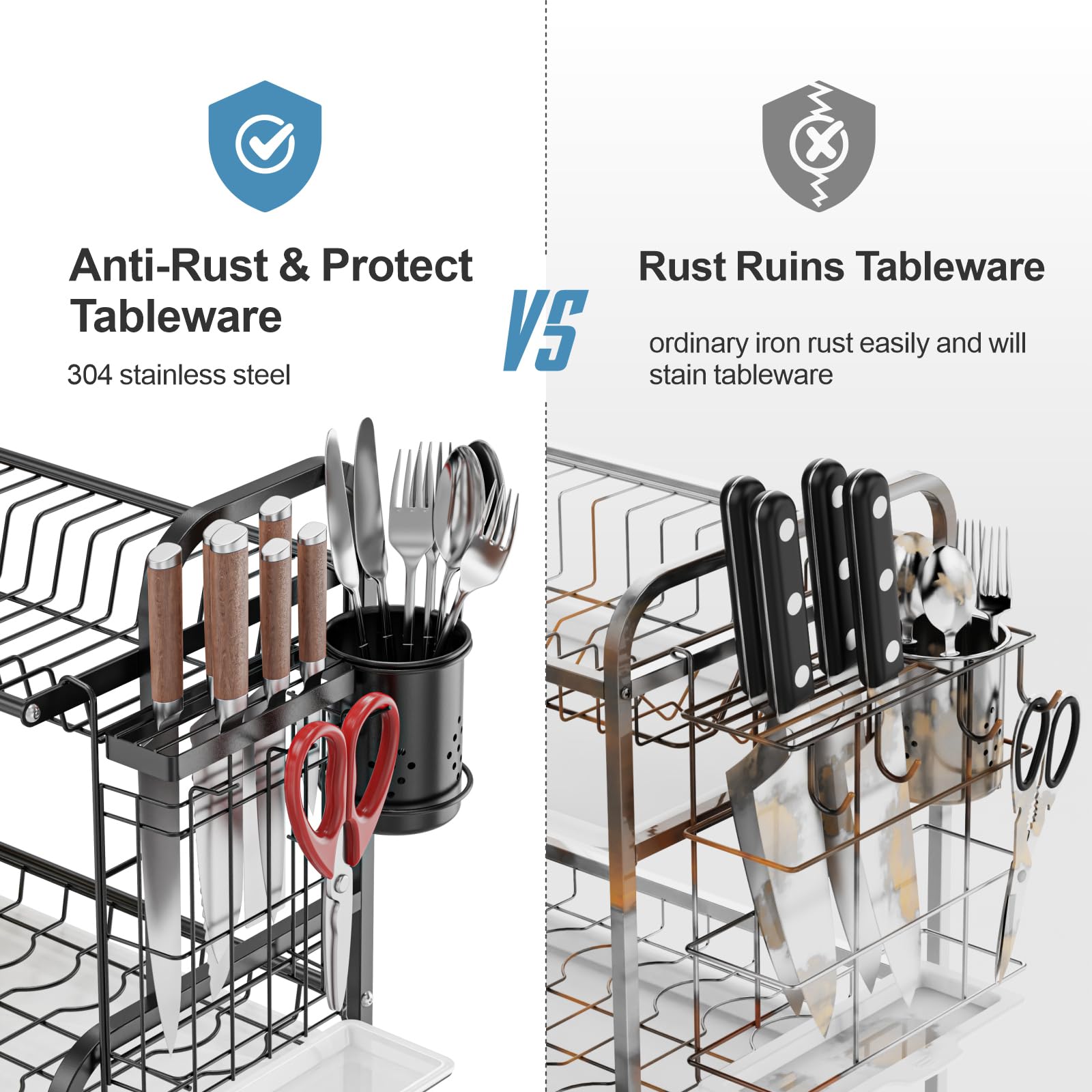 iSPECLE Dish Drying Rack, 304 Stainless Steel 2-Tier Dish Rack with Utensil Holder, Cutting Board Holder and Dish Drainer for Kitchen Counter