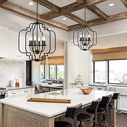 JULL 6 Lights Black Chandelier, Farmhouse Rustic Wrought Iron Modern Chandeliers Lighting Fixture,Dining Table Pendant Light for Foyer,Kitchen Island,Dining Living Room.Adjustable Height,W23β*H26β