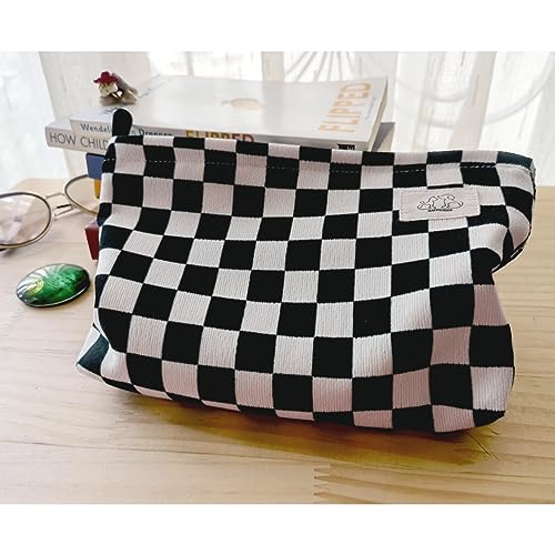 HAPPYHEIDI Women Checkered Corduroy Makeup Bag Cosmetic Pouch Purse Organiser, Canvas Lining, Cute Black White