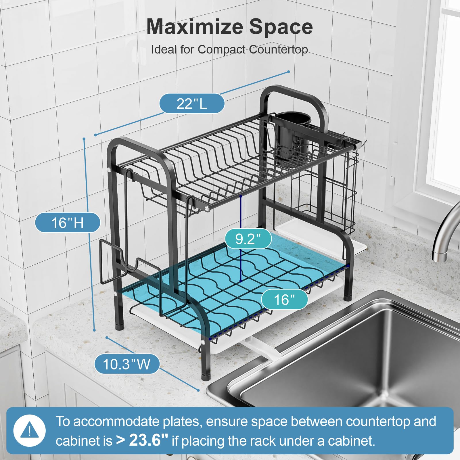 iSPECLE Dish Drying Rack, 304 Stainless Steel 2-Tier Dish Rack with Utensil Holder, Cutting Board Holder and Dish Drainer for Kitchen Counter