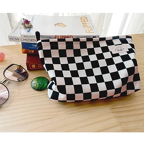 HAPPYHEIDI Women Checkered Corduroy Makeup Bag Cosmetic Pouch Purse Organiser, Canvas Lining, Cute Black White