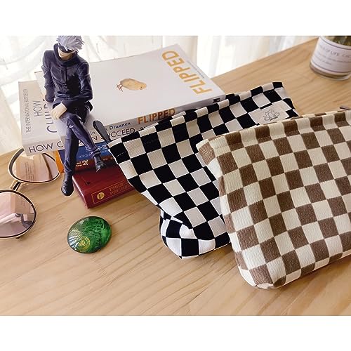HAPPYHEIDI Women Checkered Corduroy Makeup Bag Cosmetic Pouch Purse Organiser, Canvas Lining, Cute Black White