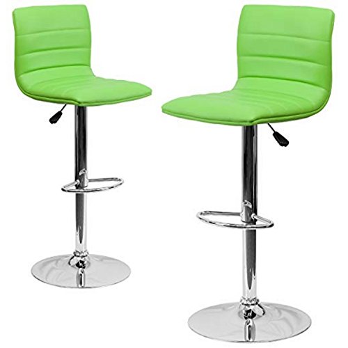 KLS14 Modern Barstools Horizontal Line Design Hydraulic Adjustable Height 360-Degree Swivel Seat Sturdy Steel Frame Chrome Base Dining Chair Bar Pub Stool Home Office Furniture - Set of 2 Green #1980