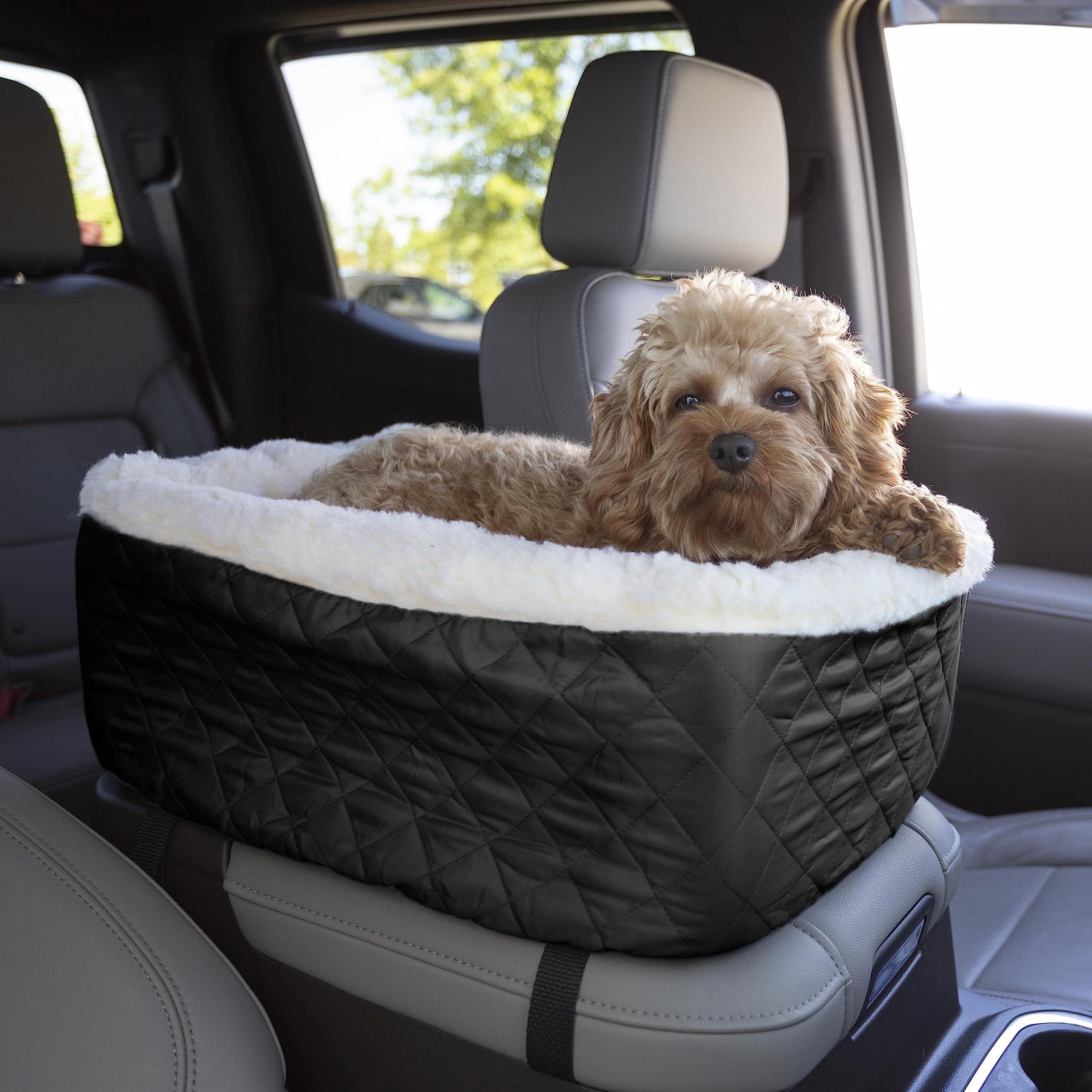 Snoozer Center Console Dog Car Seat, Dog Console Car Seat for Dogs Under 12 lbs, Wide Vehicle Consoles, Size: Large, Black Quilted Washable Cover, Comfortable and Secure, Harness Attachment Included