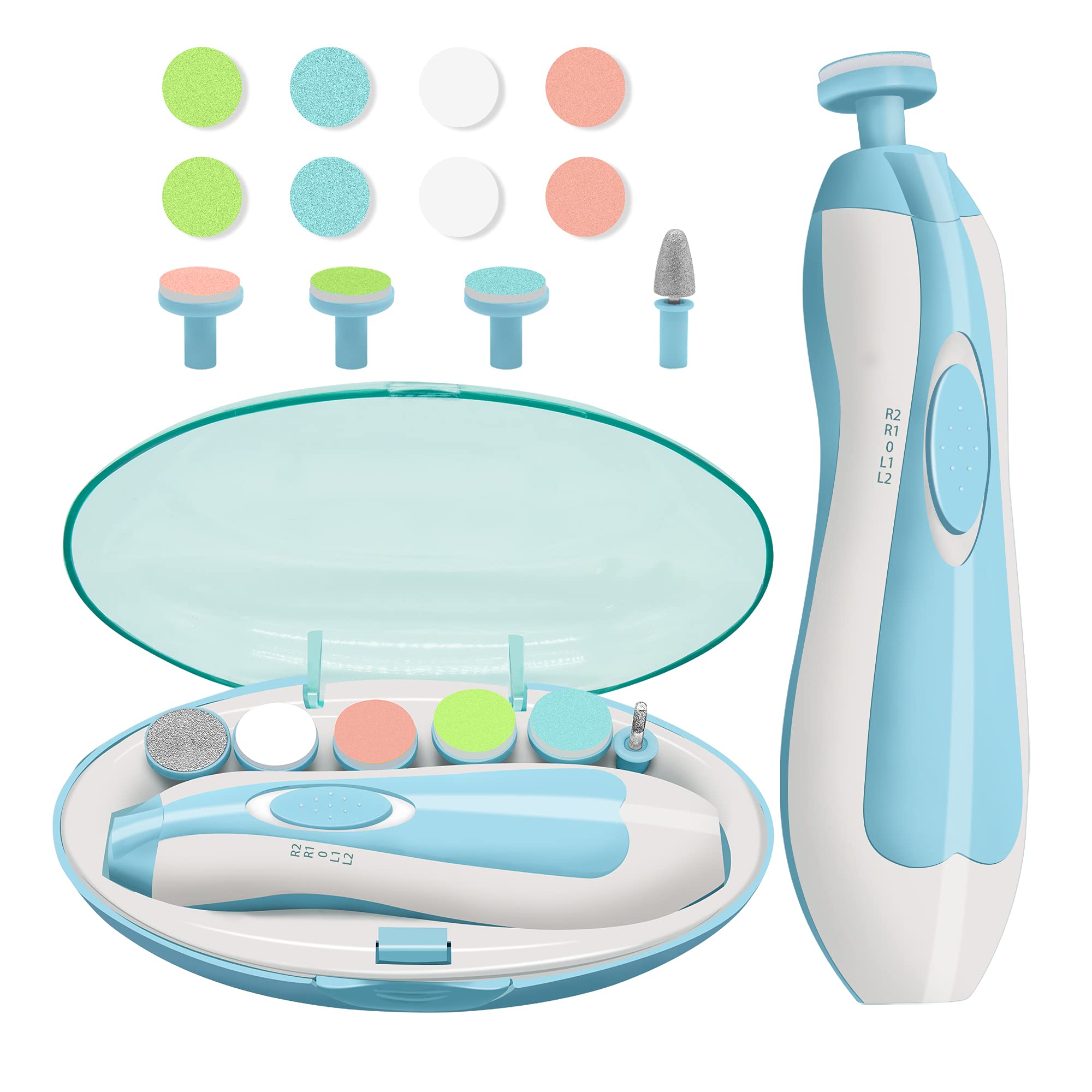 KOFANI Baby Nail Trimmer Electric - 18 in 1 Safe Baby Nail File Clippers Manicure Set with Light, 10 Replacement Heads 8 Sandpapers Kit for Newborn Infant Toddler Toes Care, Polish and Trim(Blue)