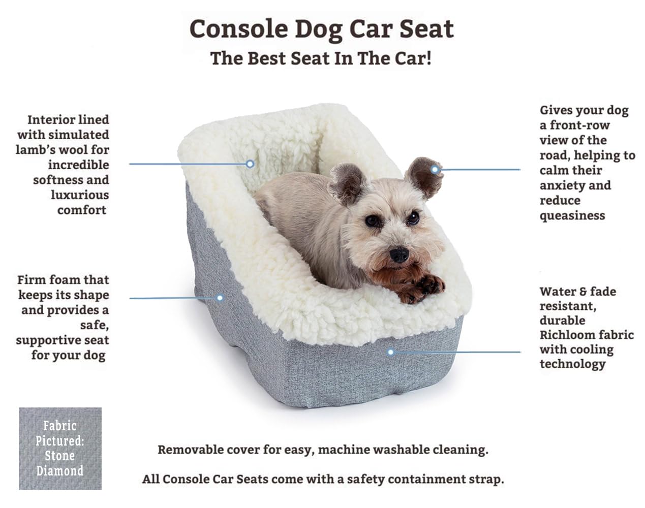 Snoozer Center Console Dog Car Seat, Dog Console Car Seat for Dogs Under 12 lbs, Wide Vehicle Consoles, Size: Large, Black Quilted Washable Cover, Comfortable and Secure, Harness Attachment Included