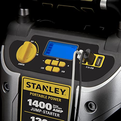 STANLEY J7C09D Digital Portable Power Station Jump Starter: 1400/700 Instant Amps, 120 PSI Air Compressor, 3.1A USB Ports, Battery Clamps