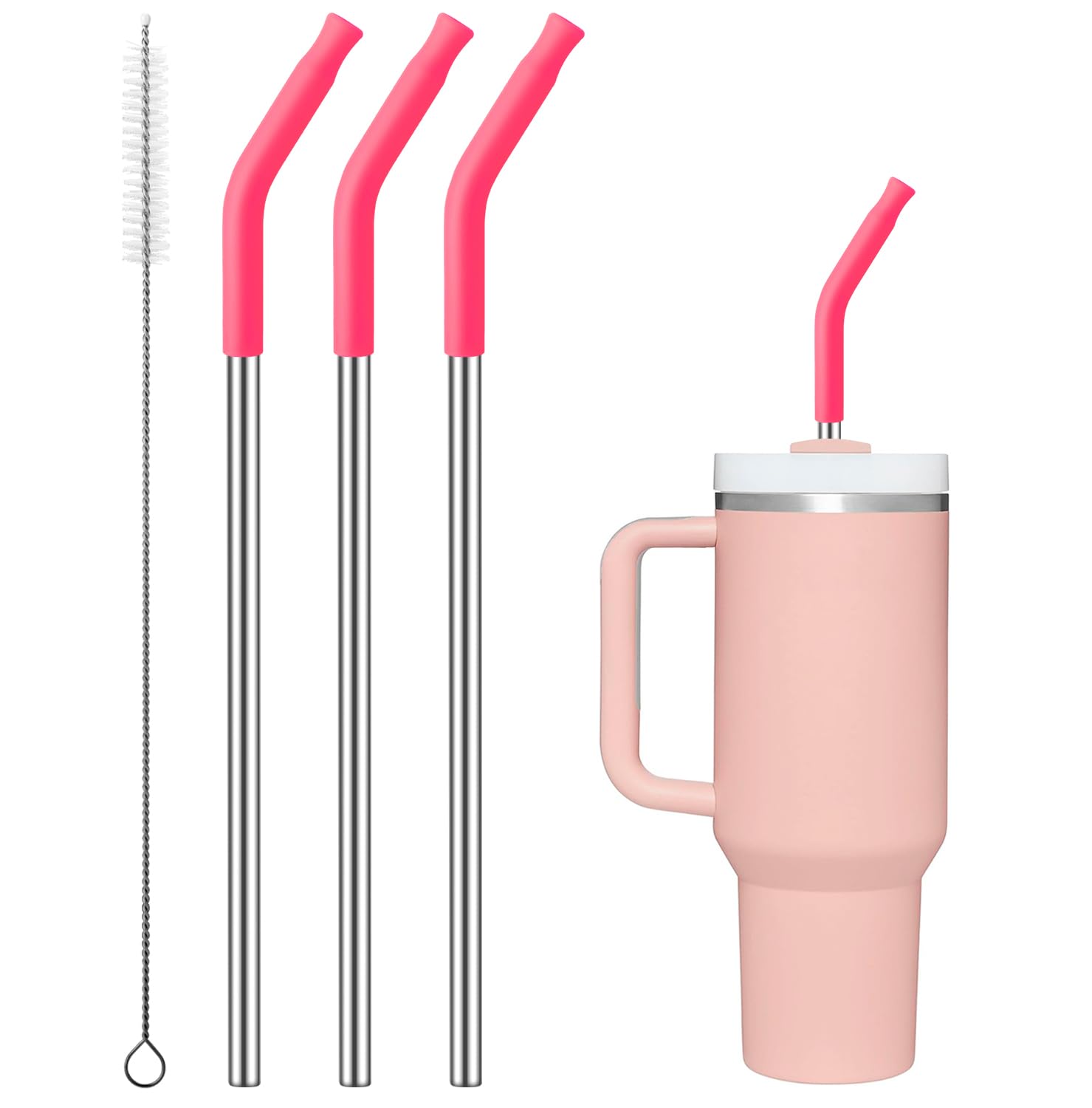 Prurex Metal Straws with Silicone Tip for 40 oz Tumbler, Reusable Stainless Steel Straws for Stanley 40 oz Tumbler，3 Straight 13.3" and 3 Pink Dusk Silicone StrawTips，Smoothie Straws