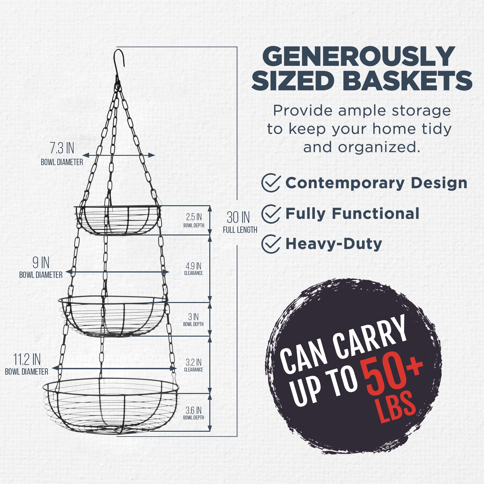 Culinary Couture Hanging Fruit Basket for Kitchen, 3-Tier Heavy-Duty Hanging Wire Baskets for Organizing, Minimalist Fruit Hanging Baskets for Kitchen, Black