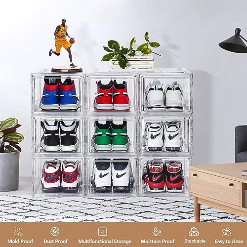 SIMPLGIRL Shoe Box 9 Pack, Clear Acrylic Shoe Boxes, Shoe Storage Boxes, Foldable Shoe Box, Shoe Organizer Box with Magnetic Door Fits Up to Size 14