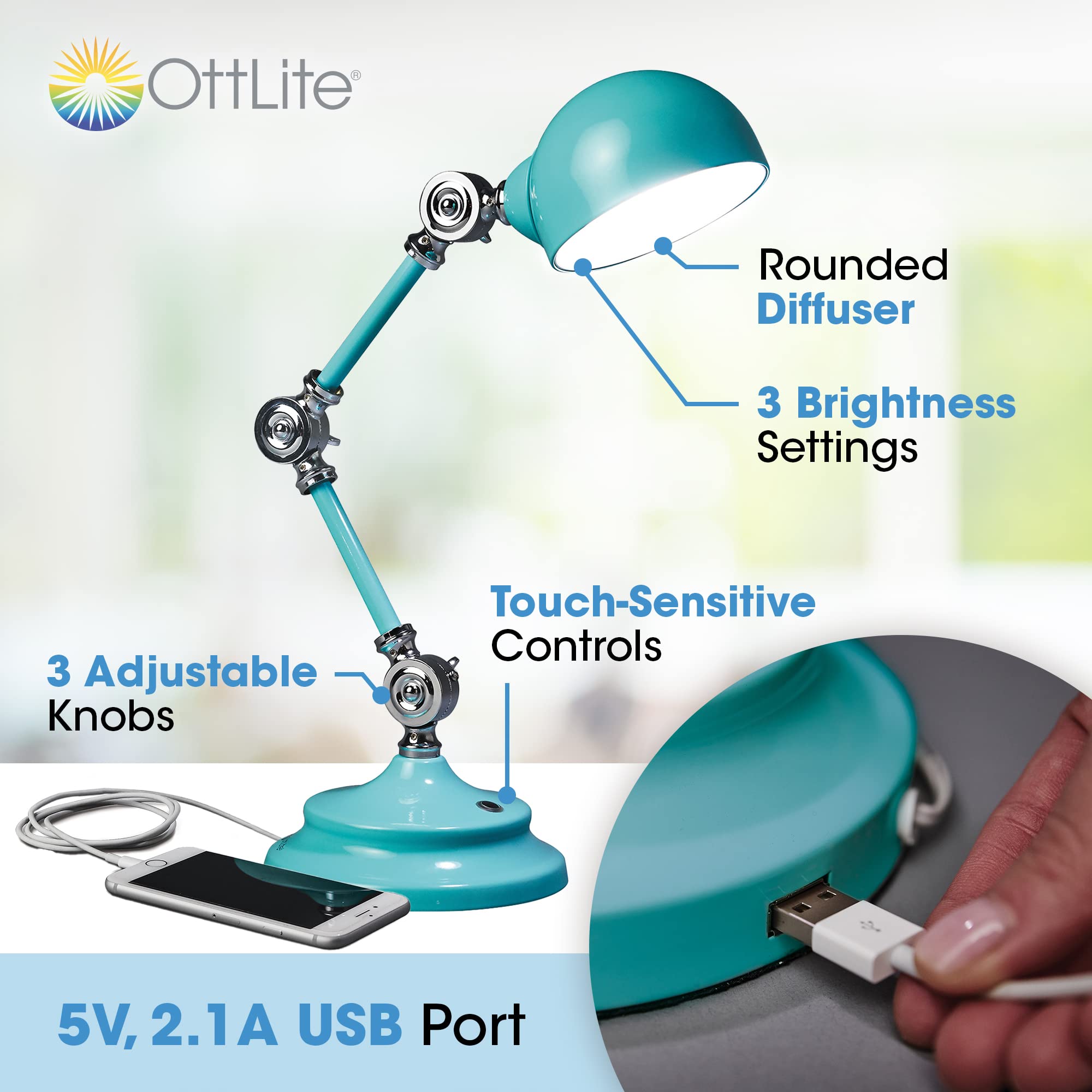 OttLite Revive LED Desk Lamp with ClearSun LED Technology, Turquoise β 3 Brightness Settings, Touch Activated Controls, USB Charging Port & 3 Adjustable Knobs for Precise Lighting - Great for Reading