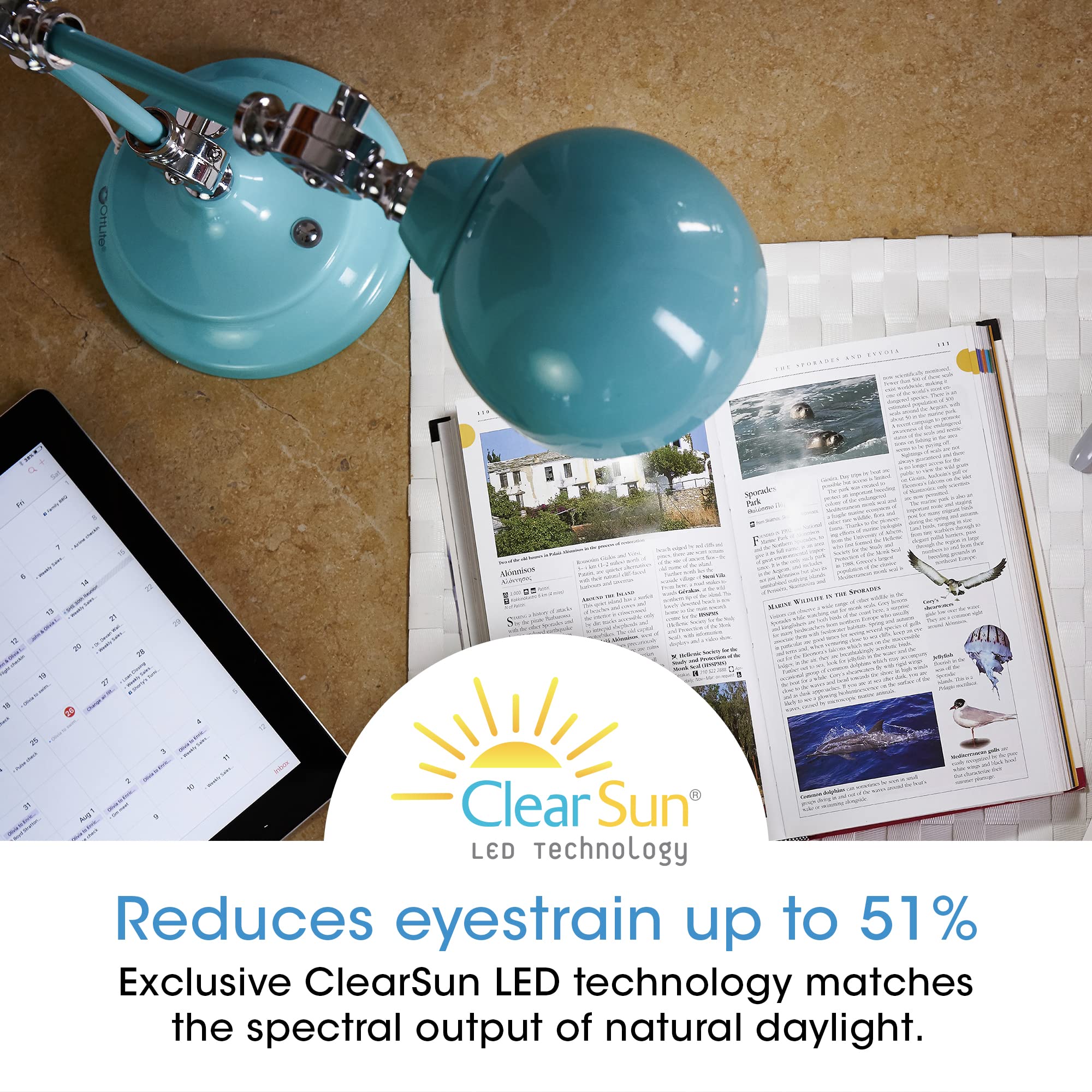 OttLite Revive LED Desk Lamp with ClearSun LED Technology, Turquoise β 3 Brightness Settings, Touch Activated Controls, USB Charging Port & 3 Adjustable Knobs for Precise Lighting - Great for Reading