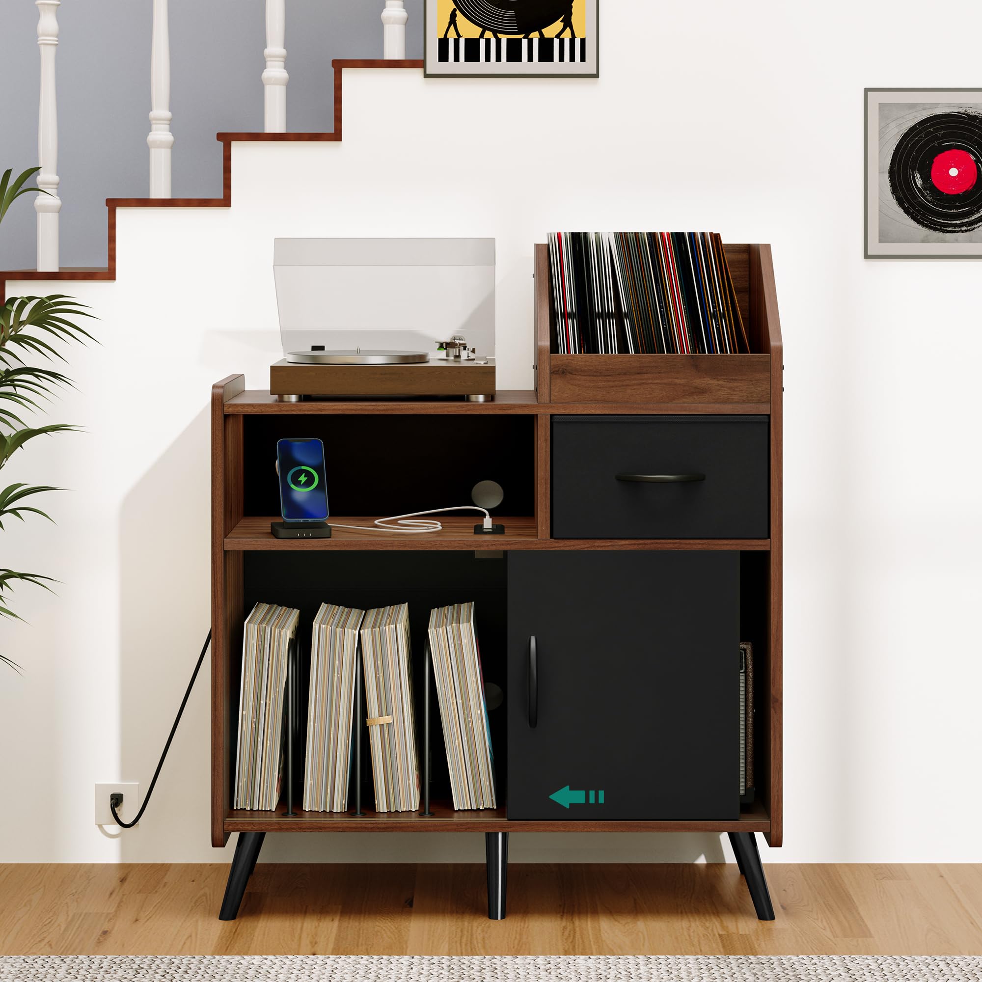 YITAHOME Record Player Stand with Storage, Wooden Turntable Stand with Sliding Door, Record Player Table with Charging Station & USB Ports for Living Room, Bedroom, Office