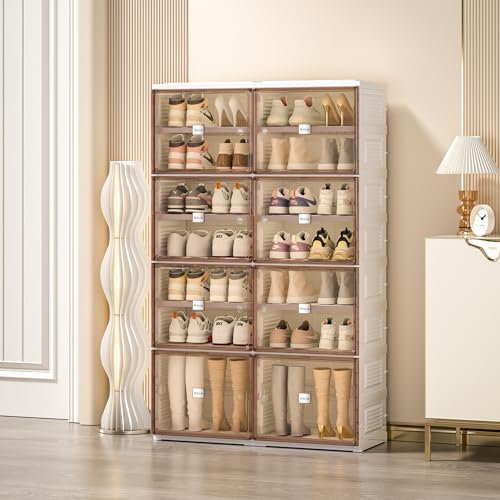 BINSIO Shoe Storage Cabinet 7 Tiers for 28 Pairs, Collapsible Shoe Racks Organizer, Easy Assemble Foldable Shoe Boxes, One Piece Portable White Plastic Shoe Cubby for Closet, Entryway, Bedroom