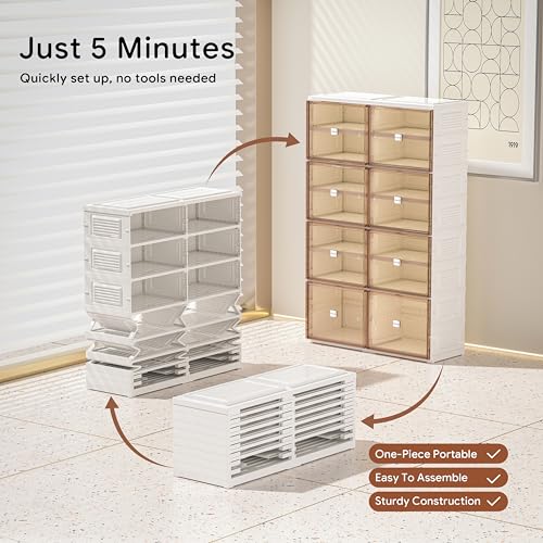 BINSIO Shoe Storage Cabinet 7 Tiers for 28 Pairs, Collapsible Shoe Racks Organizer, Easy Assemble Foldable Shoe Boxes, One Piece Portable White Plastic Shoe Cubby for Closet, Entryway, Bedroom