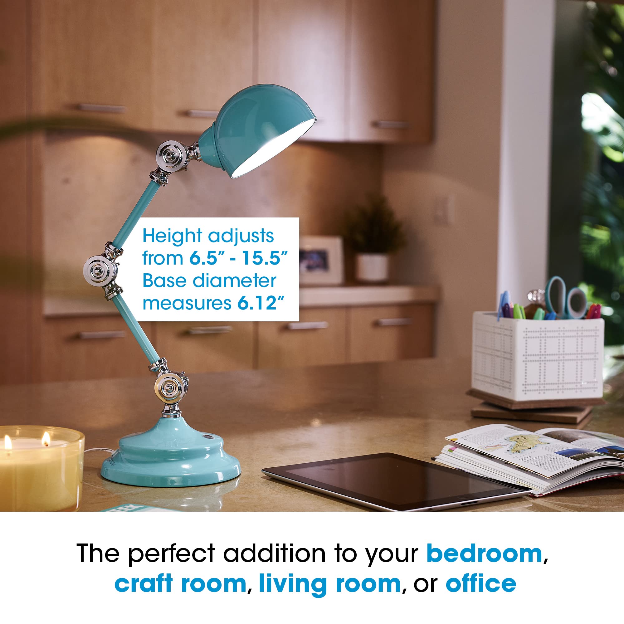 OttLite Revive LED Desk Lamp with ClearSun LED Technology, Turquoise β 3 Brightness Settings, Touch Activated Controls, USB Charging Port & 3 Adjustable Knobs for Precise Lighting - Great for Reading