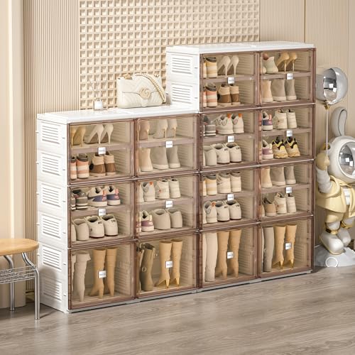BINSIO Shoe Storage Cabinet 7 Tiers for 28 Pairs, Collapsible Shoe Racks Organizer, Easy Assemble Foldable Shoe Boxes, One Piece Portable White Plastic Shoe Cubby for Closet, Entryway, Bedroom