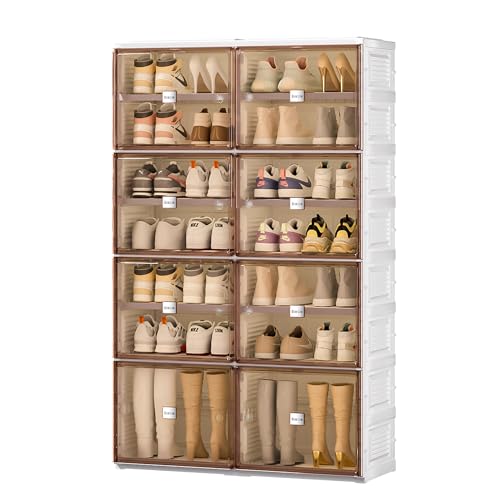 BINSIO Shoe Storage Cabinet 7 Tiers for 28 Pairs, Collapsible Shoe Racks Organizer, Easy Assemble Foldable Shoe Boxes, One Piece Portable White Plastic Shoe Cubby for Closet, Entryway, Bedroom