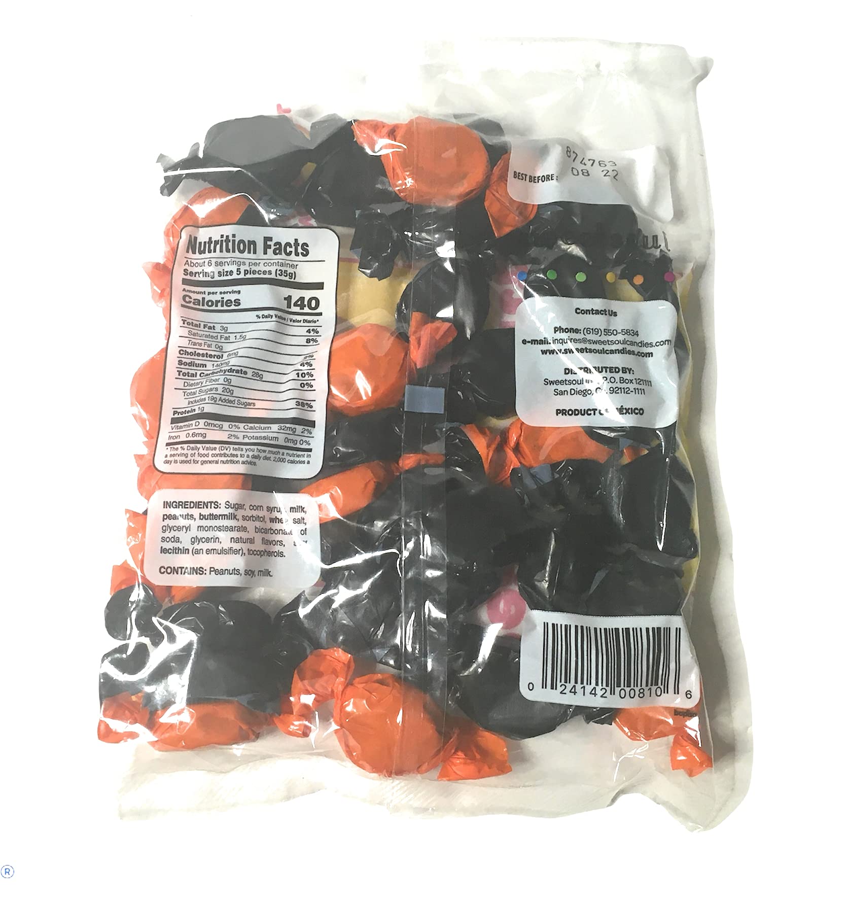 (1) 8 oz Bag Sweetsoul Candy Company Peanut Butter Kisses (Individually Orange and Black Wrapped Halloween Candy) Gluten Free