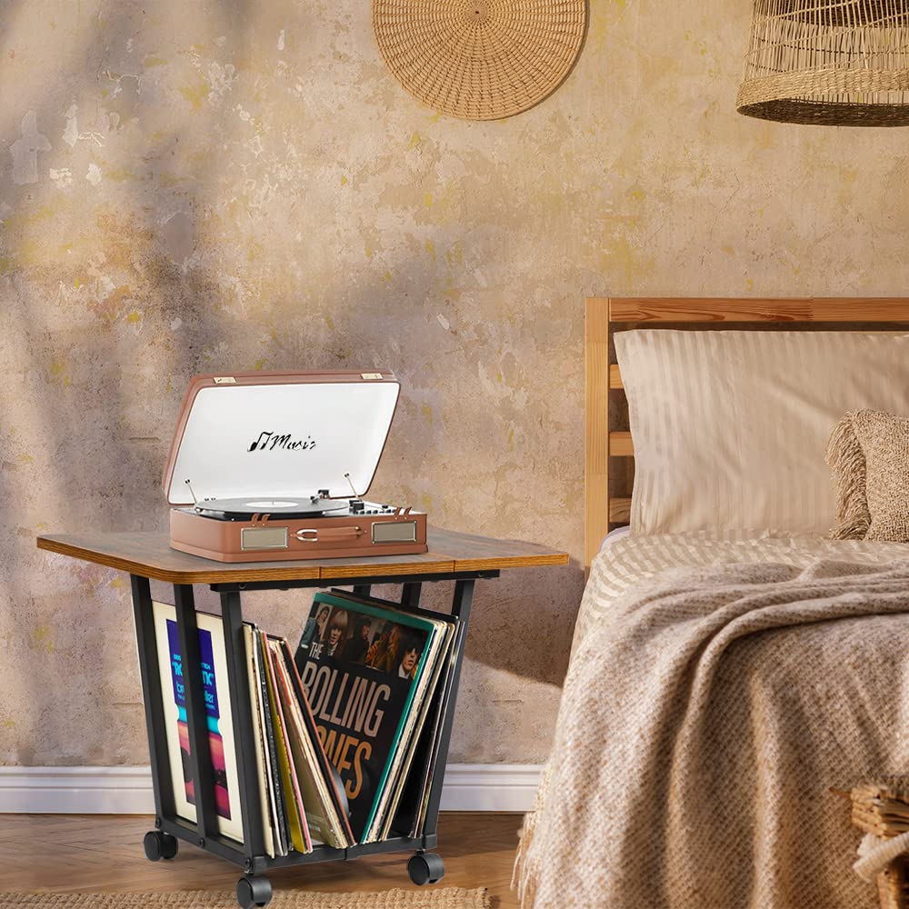 Hadulcet Record Player Stand Vinyl Records Holder, Turntable Stand and LP Album Storage Rack with wheels and dividers, Rustic Brown