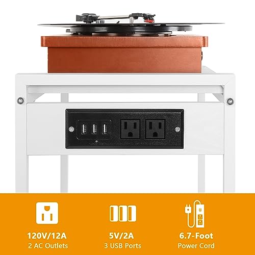 Record Player Stand with Vinyl Storage Night Stand with Power Outlets Vinyl Record Storage Stand On Wheels White Turntable Stand for Living Room Bedroom, Large Capacity, White