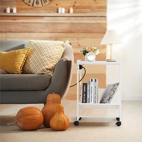 Record Player Stand with Vinyl Storage Night Stand with Power Outlets Vinyl Record Storage Stand On Wheels White Turntable Stand for Living Room Bedroom, Large Capacity, White