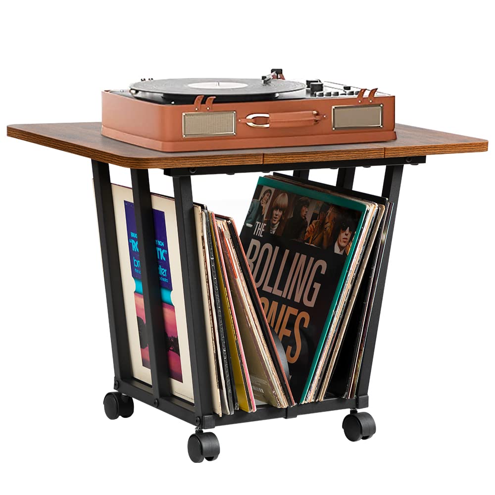Hadulcet Record Player Stand Vinyl Records Holder, Turntable Stand and LP Album Storage Rack with wheels and dividers, Rustic Brown