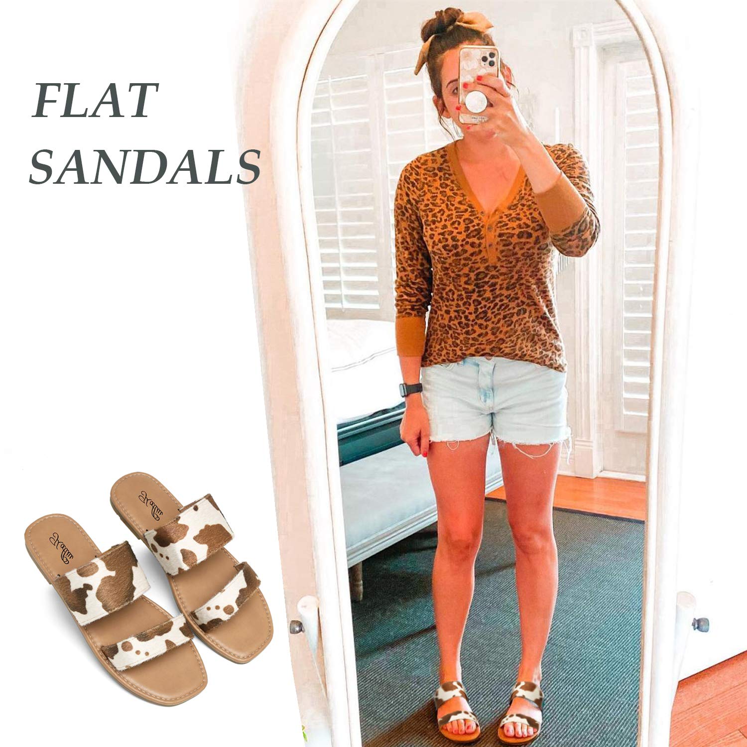 katliu Women's Flat Sandals Two Strap Slide Sandals Open Toe Cow Print Brown 8