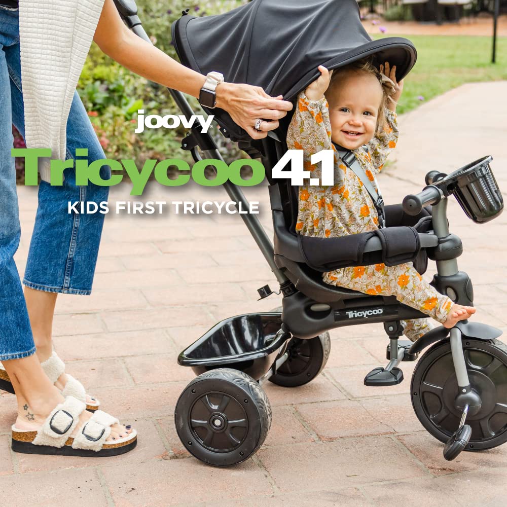 Joovy 4.1 Kids Tricycle with 4-Stages Featuring Extra-Wide Front Tire, Removable and Adjustable Parent Handle, Safety Harness, Machine-Washable Seat Pad, and Retractable Canopy (Black)